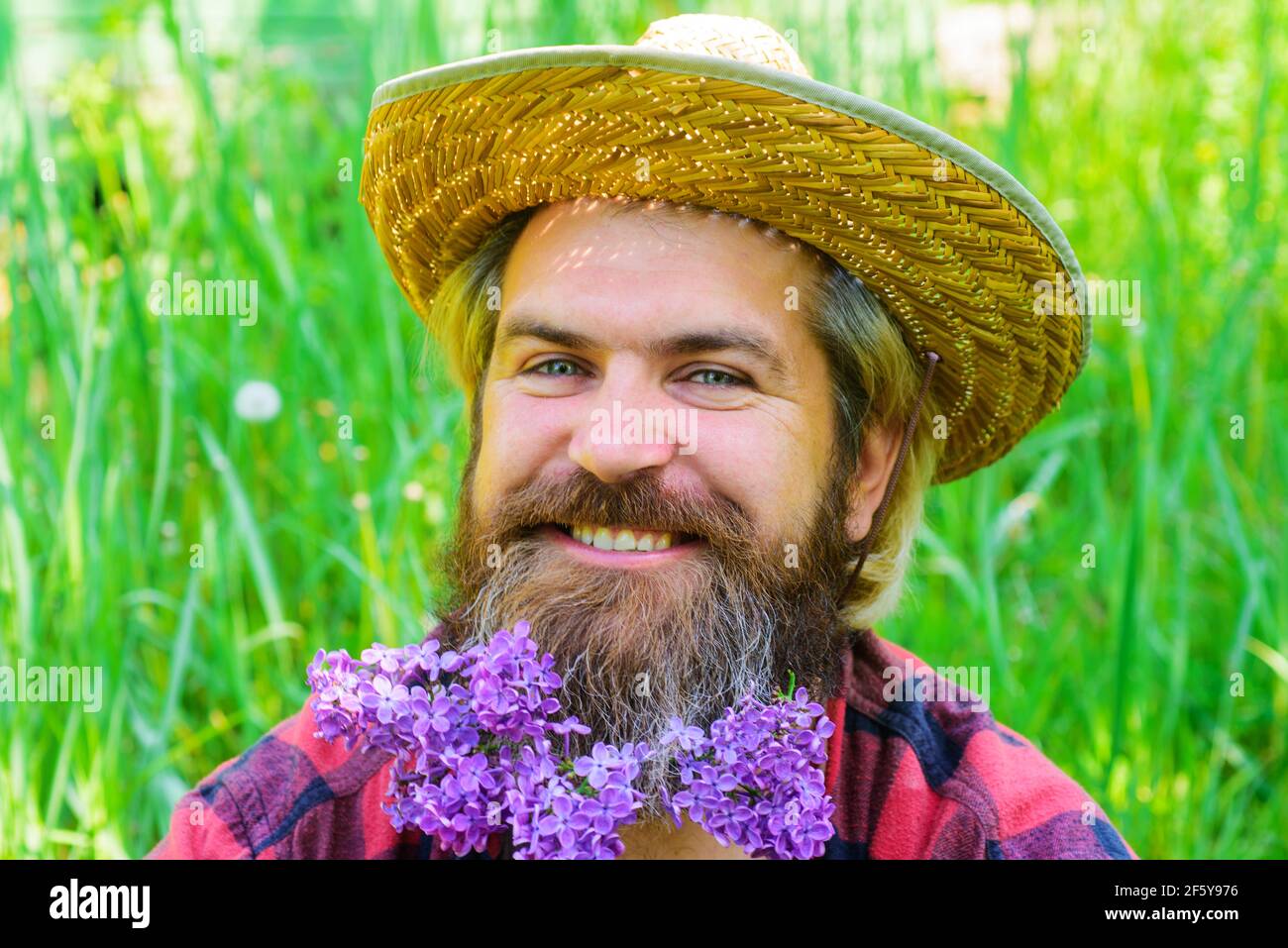 Spring. Smiling Bearded man with flowers in beard. Hipster beard with ...
