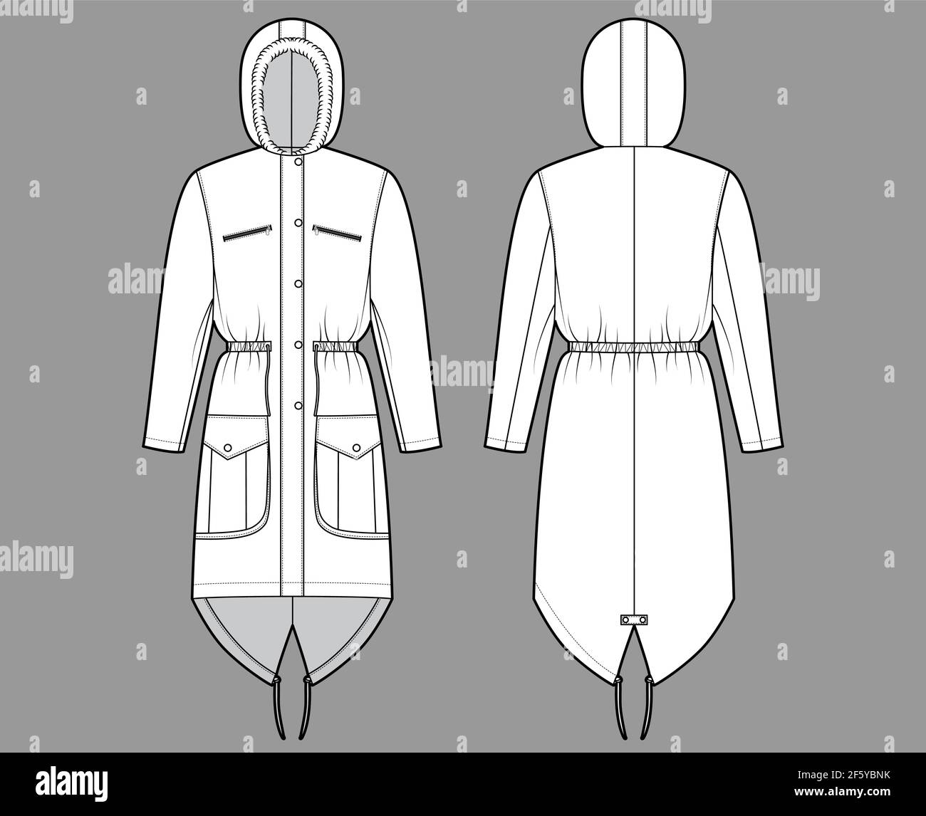 Parka coat technical fashion illustration with faux fur hood, long ...