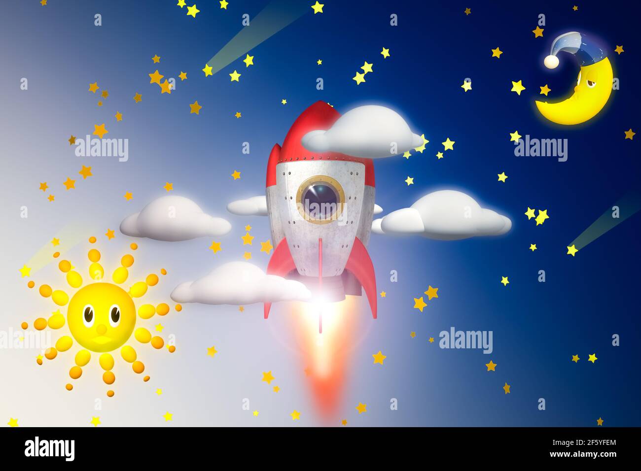 3D rendering of a Rocket Launched into the Sky with the Stars, the Sun ...