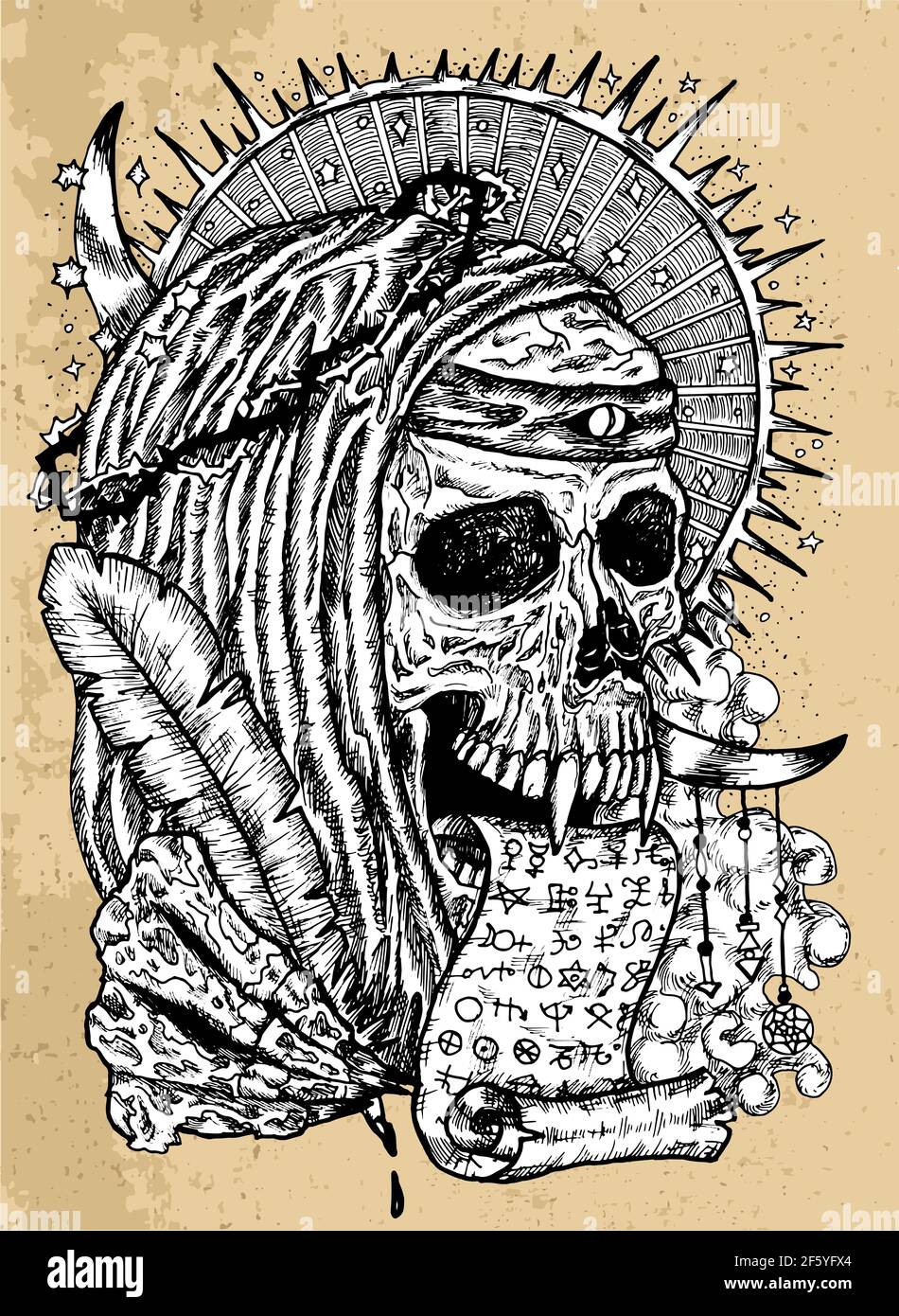 Grunge illustration with human skull wearing crown of thorns, in monk ...