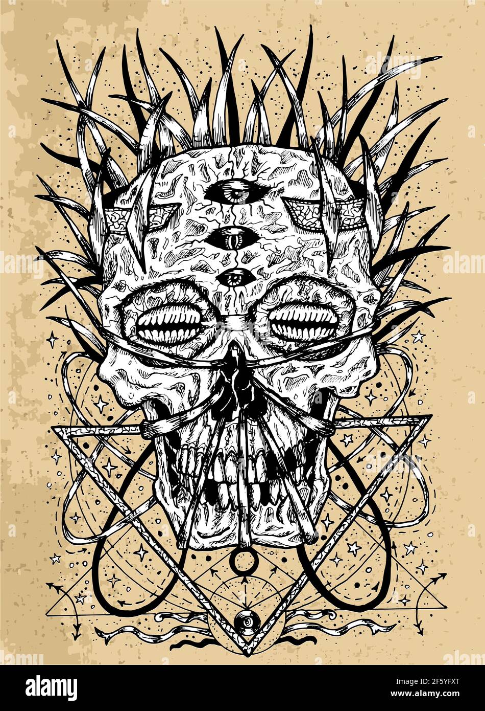 Grunge horror illustration with skull, tentacles and sacred geometry ...