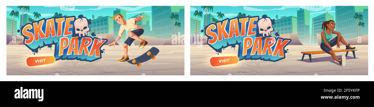 Skate park cartoon landing page with teenager Stock Vector Image & Art ...