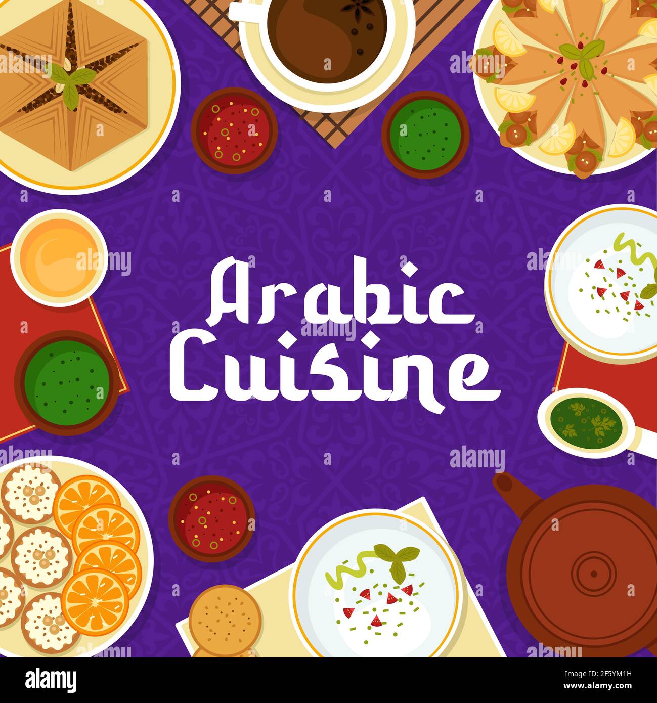 Arabic cuisine vector meat pie sfeeha, hummus with pita bread and ...