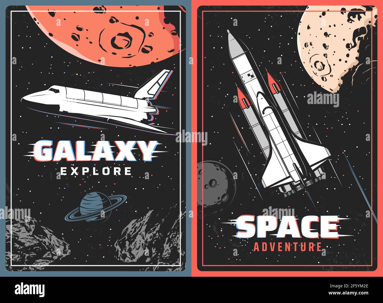 Galaxy explorer retro vector posters with glitch effect. Outer space ...