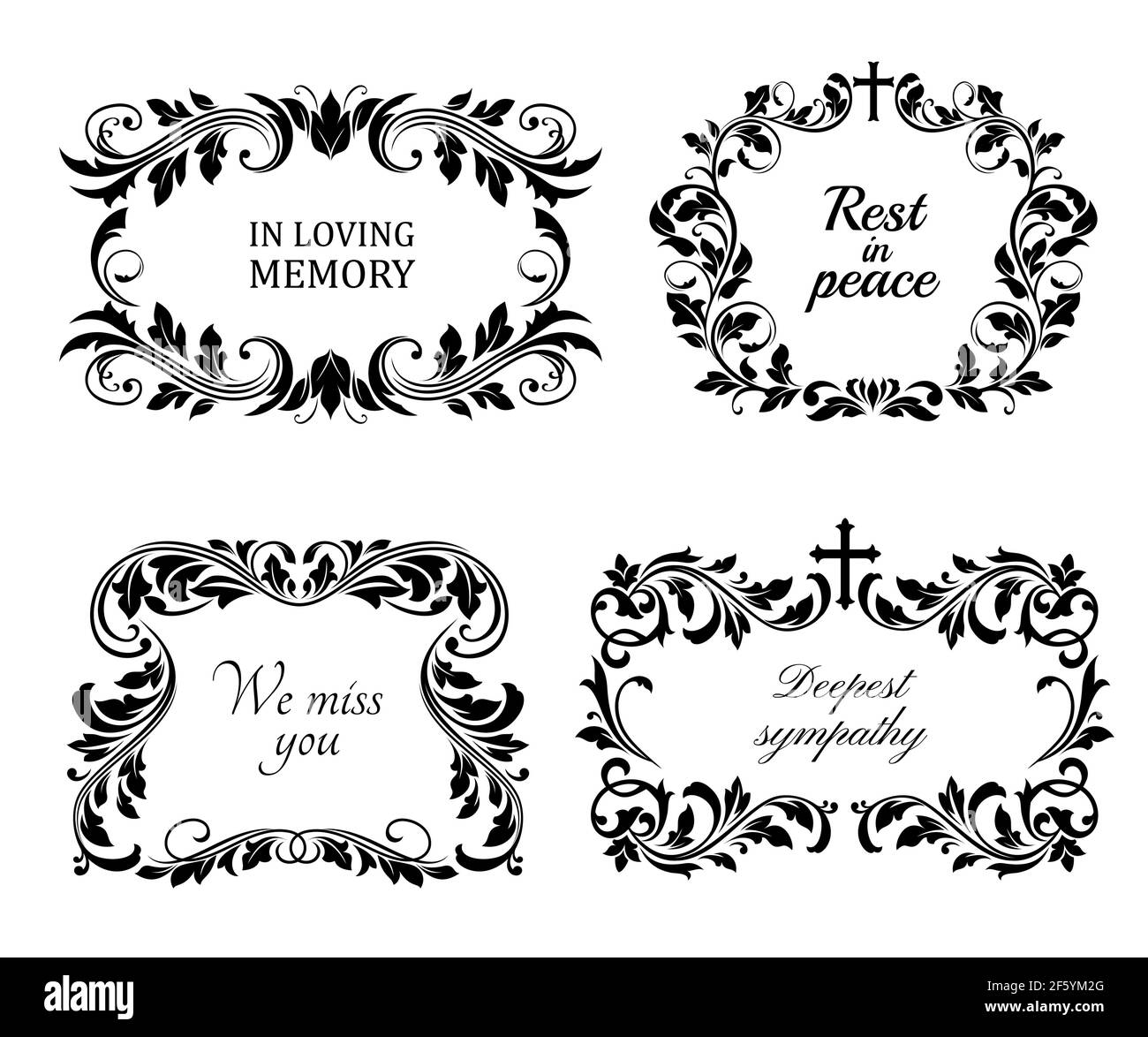 Funeral wreaths cards, vector vintage condolence frames with floral ornament, flourishes and ...