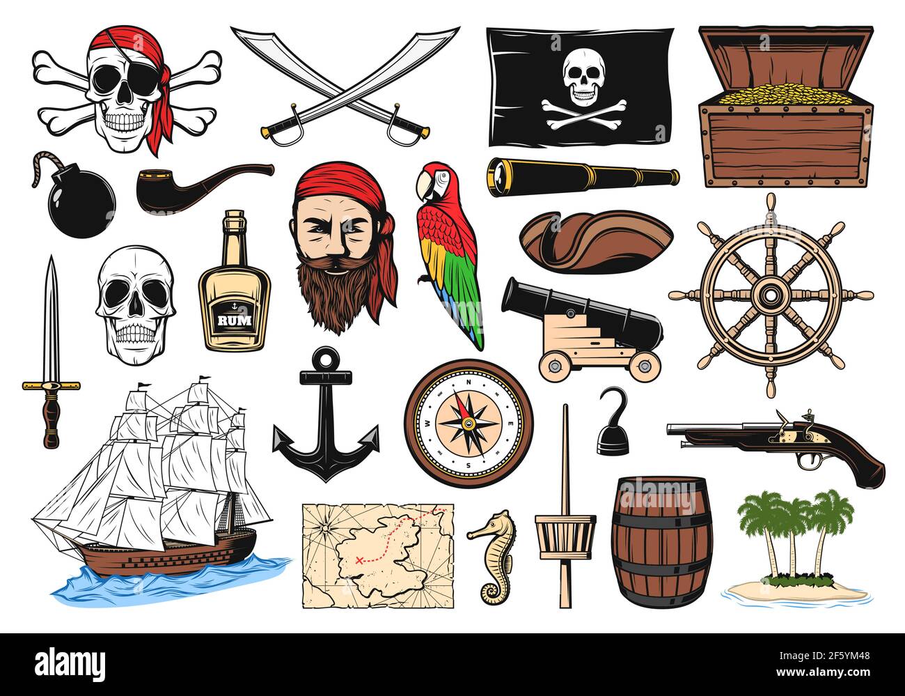 Pirate set with vector icons of captain, ship, map and hook, treasure ...