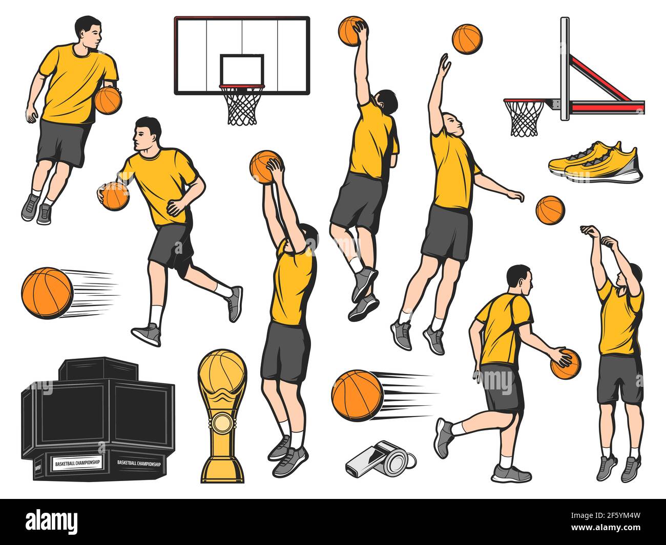 Basketball players and sport game equipment items, vector icons ...