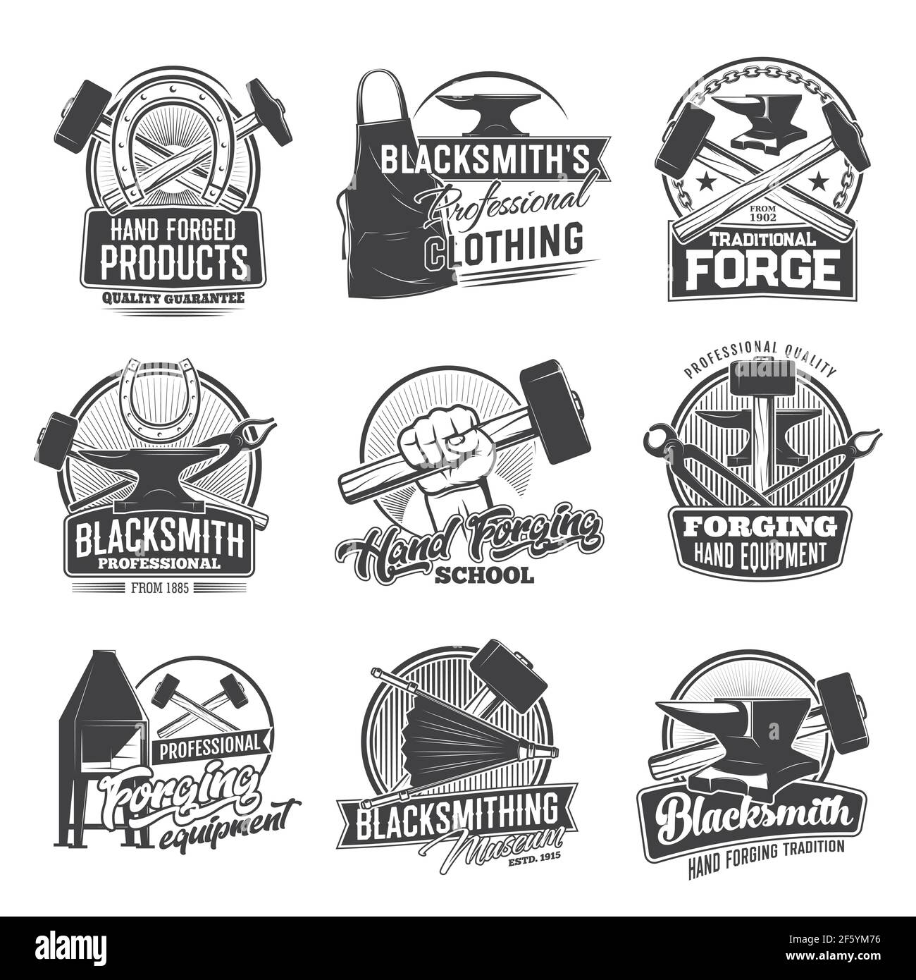 Blacksmith profession vector icons, hand forged products, clothing, traditional forge. Hand ...