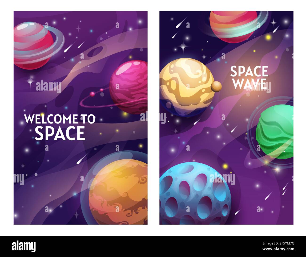 Space posters with cartoon planets, vector galaxy and solar system ...