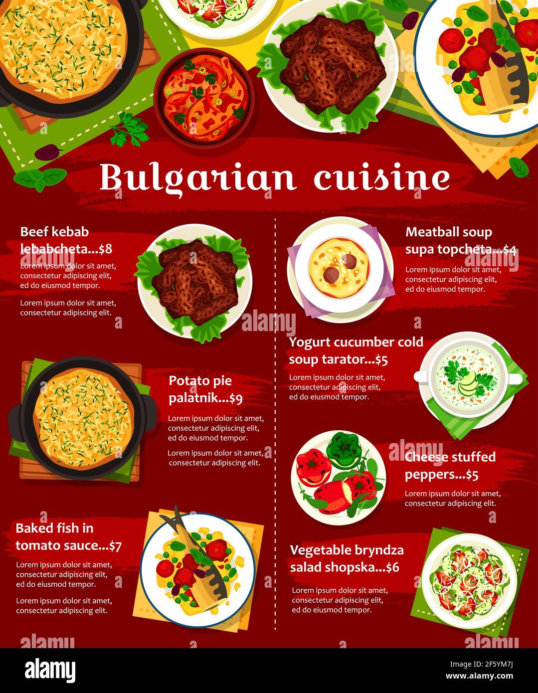 Bulgarian food cuisine menu, dishes and meals, vector Bulgaria ...