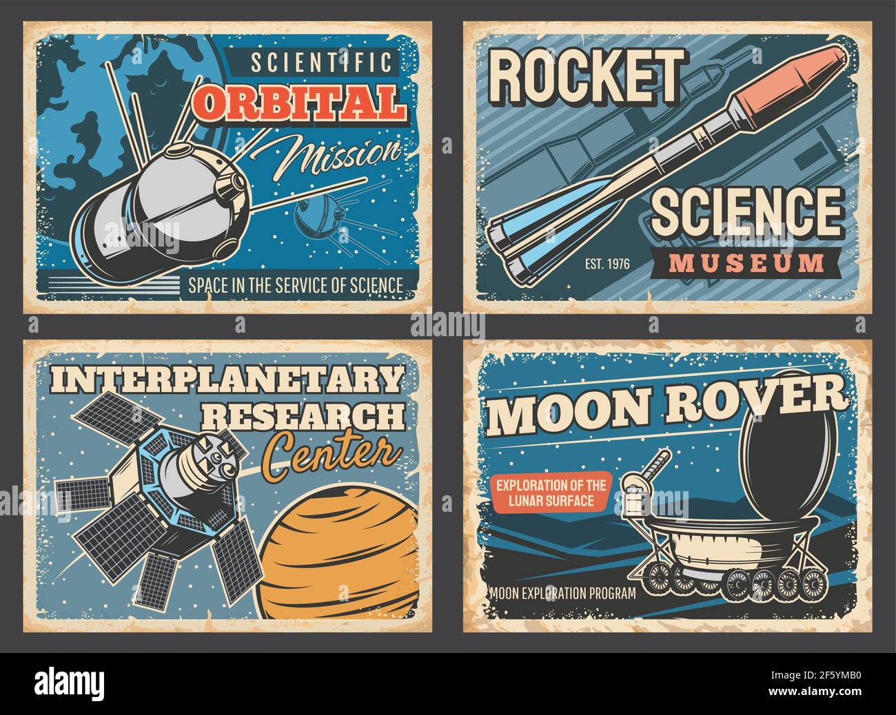 Space rocket, astronaut rocket and moon rover posters, vector retro ...