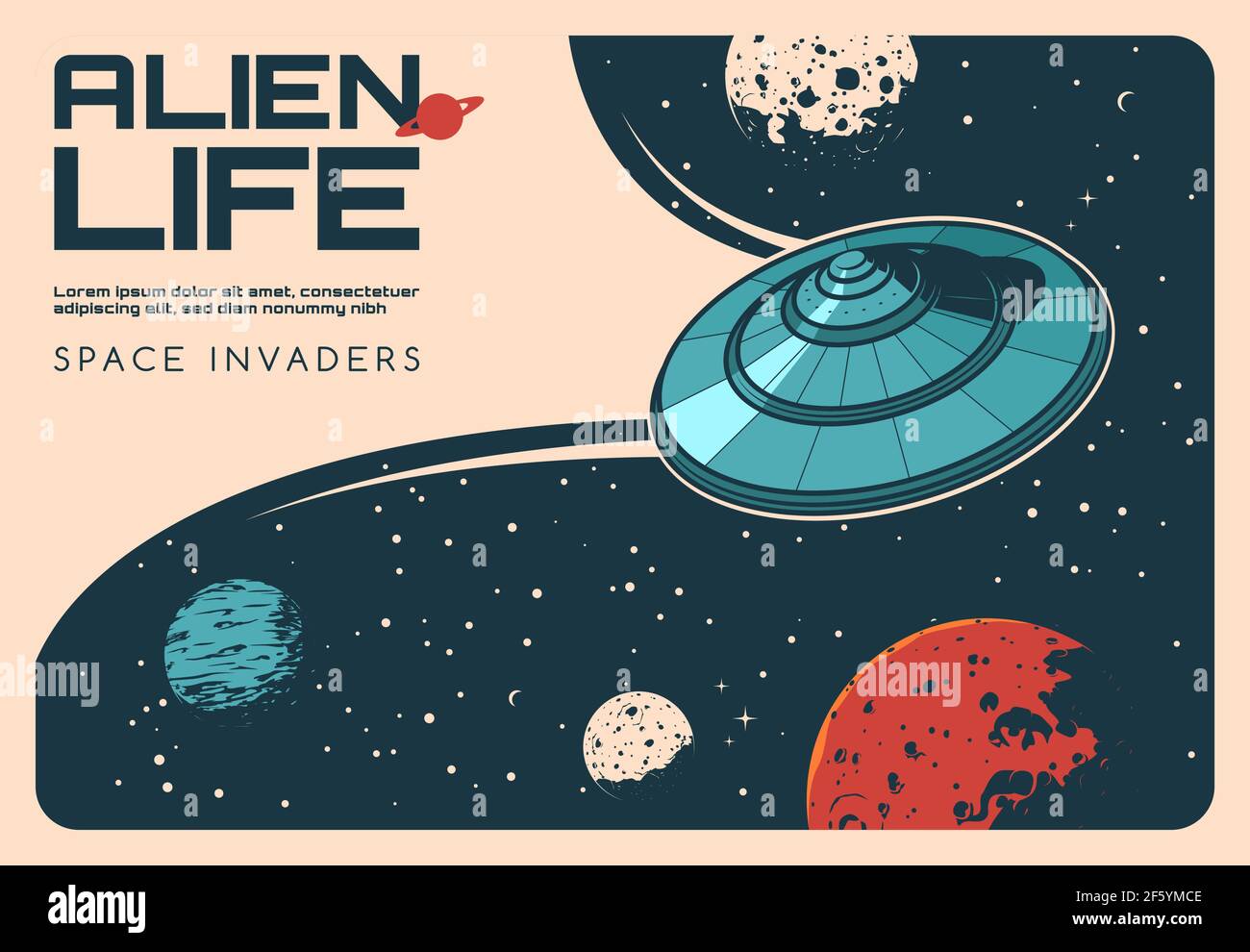 Aliens UFO in outer space, galaxy universe planets, vector vintage ...
