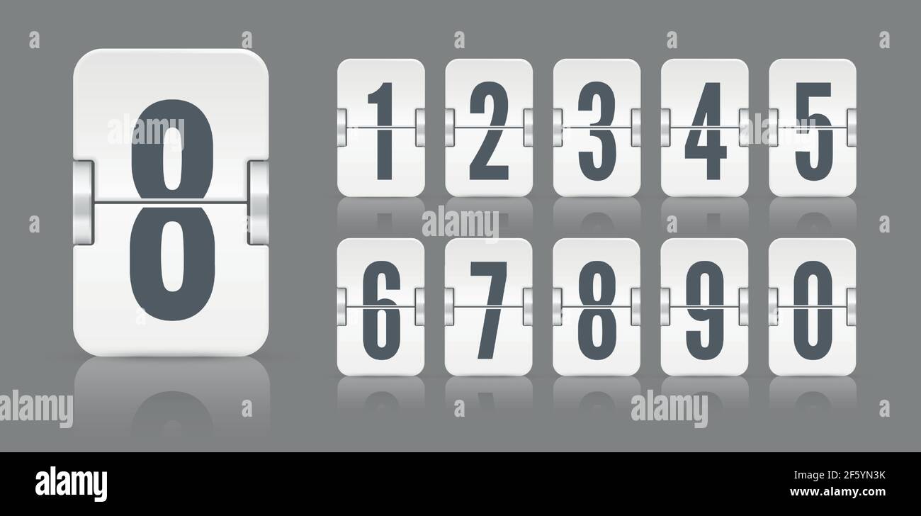 White flip mechanical score board numbers with reflections on dark ...