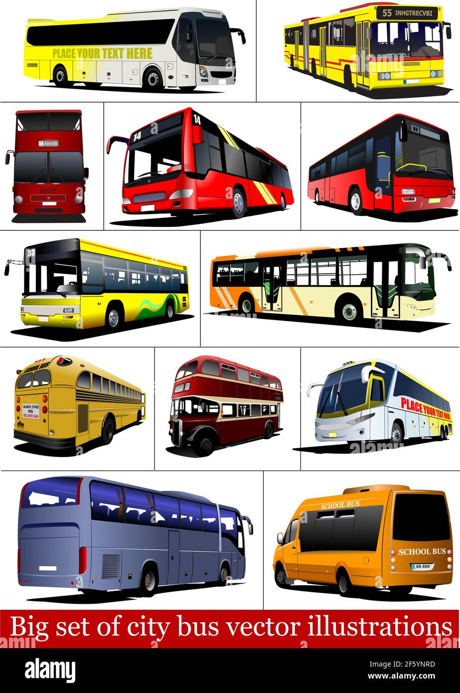 Big set of City buses. Tourist coach. Vector 3d illustration for ...