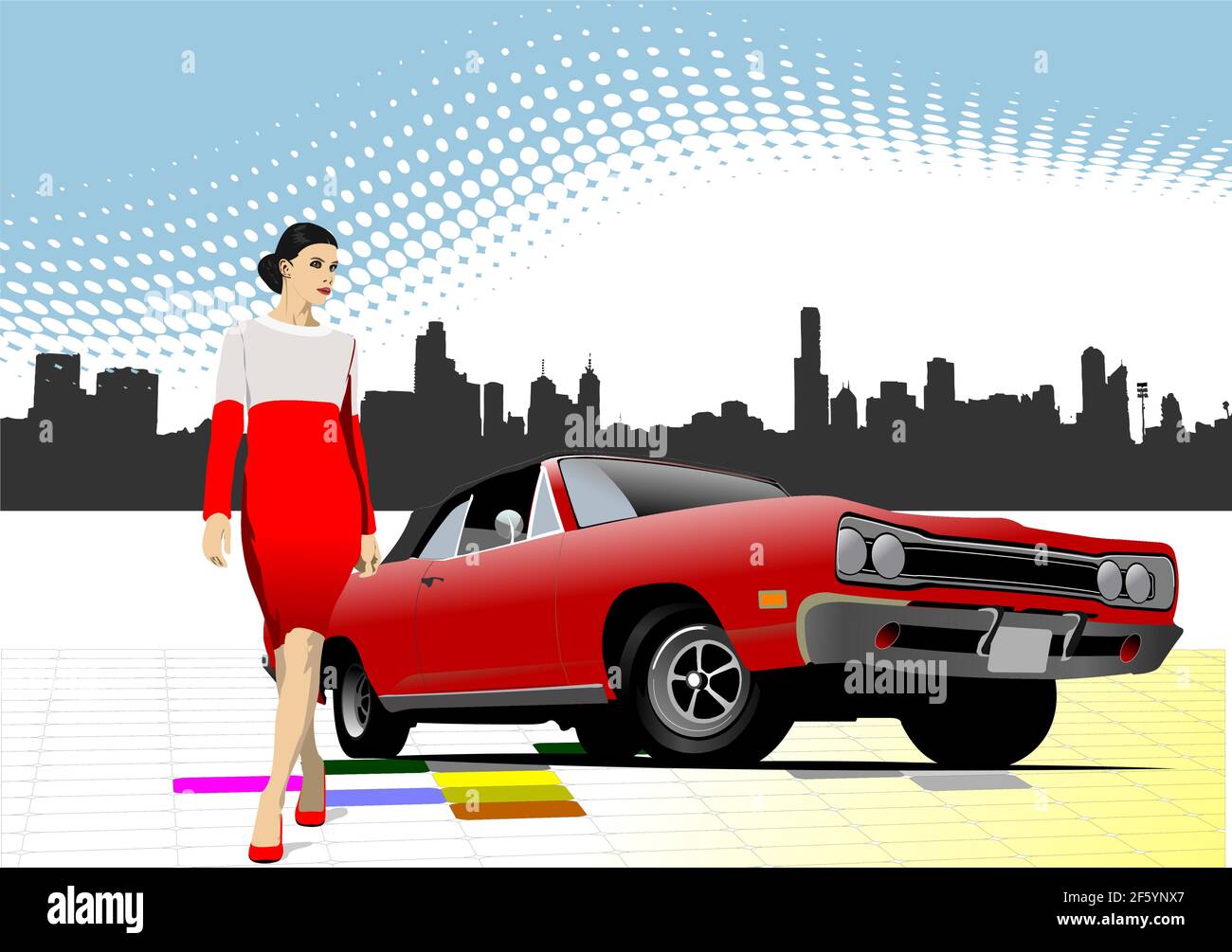 Rarity car and fashion woman on city background. Vector 3d illustration ...
