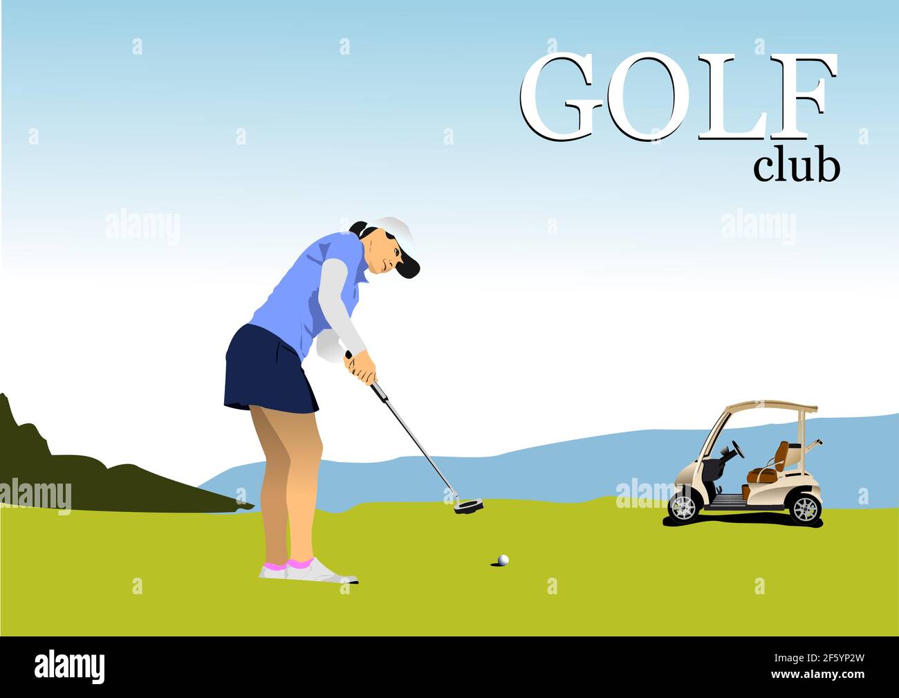 Golf club background with golfer and electric car. Vector 3d ...