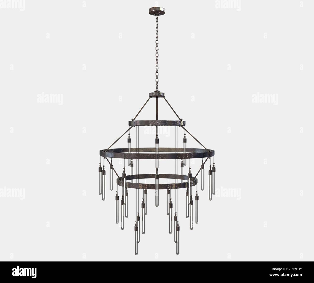 A decorative chandelier made out of tarnished iron with hanging glass ...