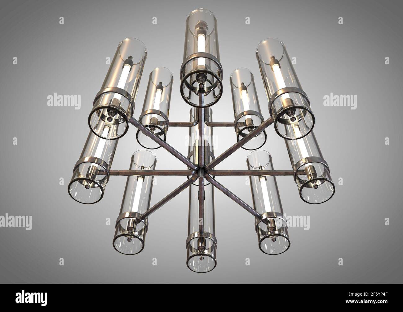 A decorative chandelier made out of tarnished iron with upright glass ...