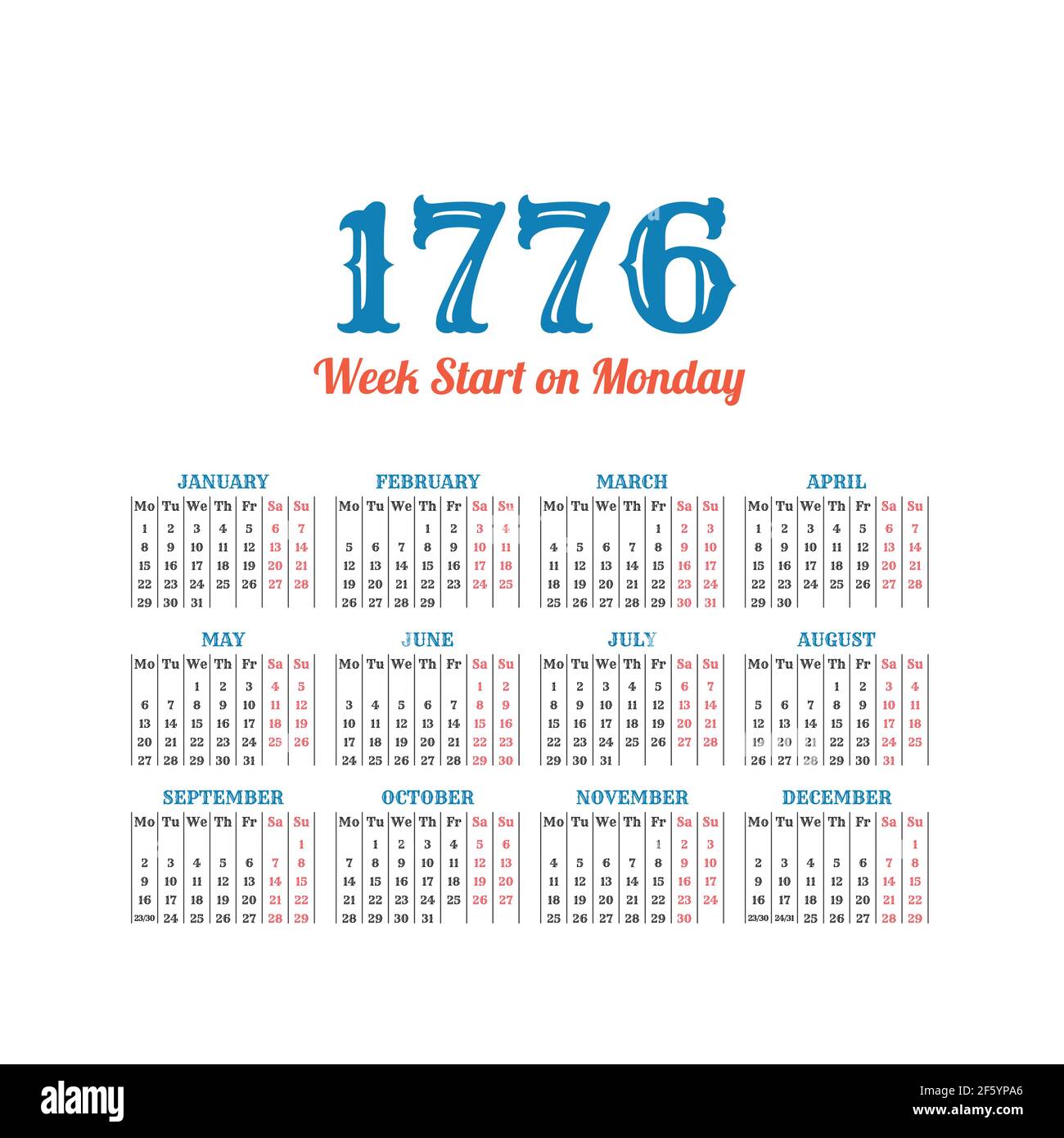 Historic vector calendar of 1776. Start on Monday Stock Vector Image ...