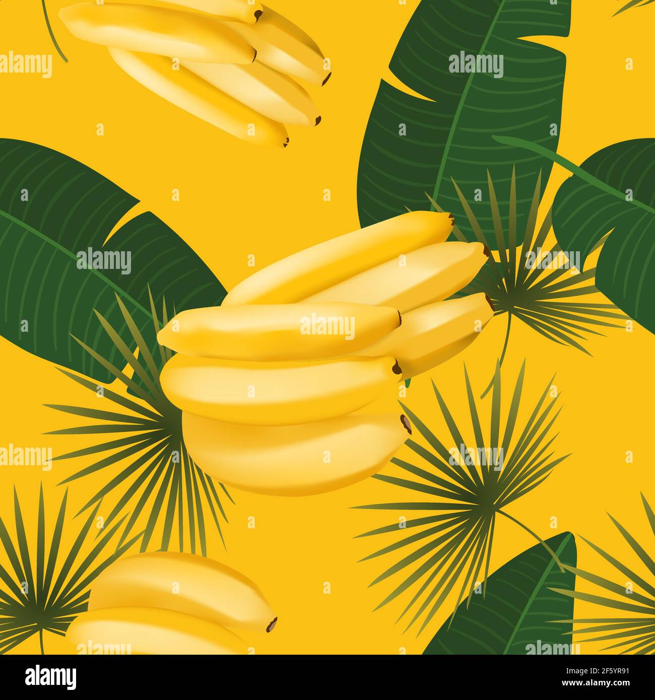 Trendy seamless pattern with realistic banana bunch and tropical leaves ...