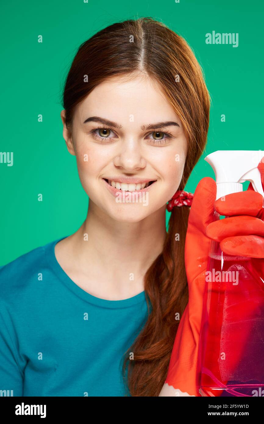 cheerful pretty woman detergent house cleaning service green background ...