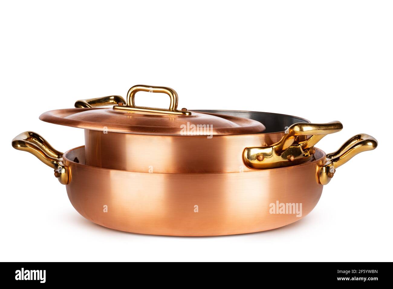 Copper cookware set isolated on white background Stock Photo - Alamy