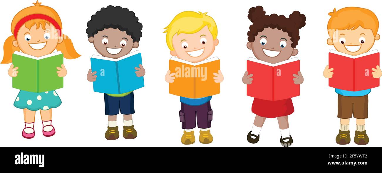 Diversity kids reading book illustration vector isolated on white ...