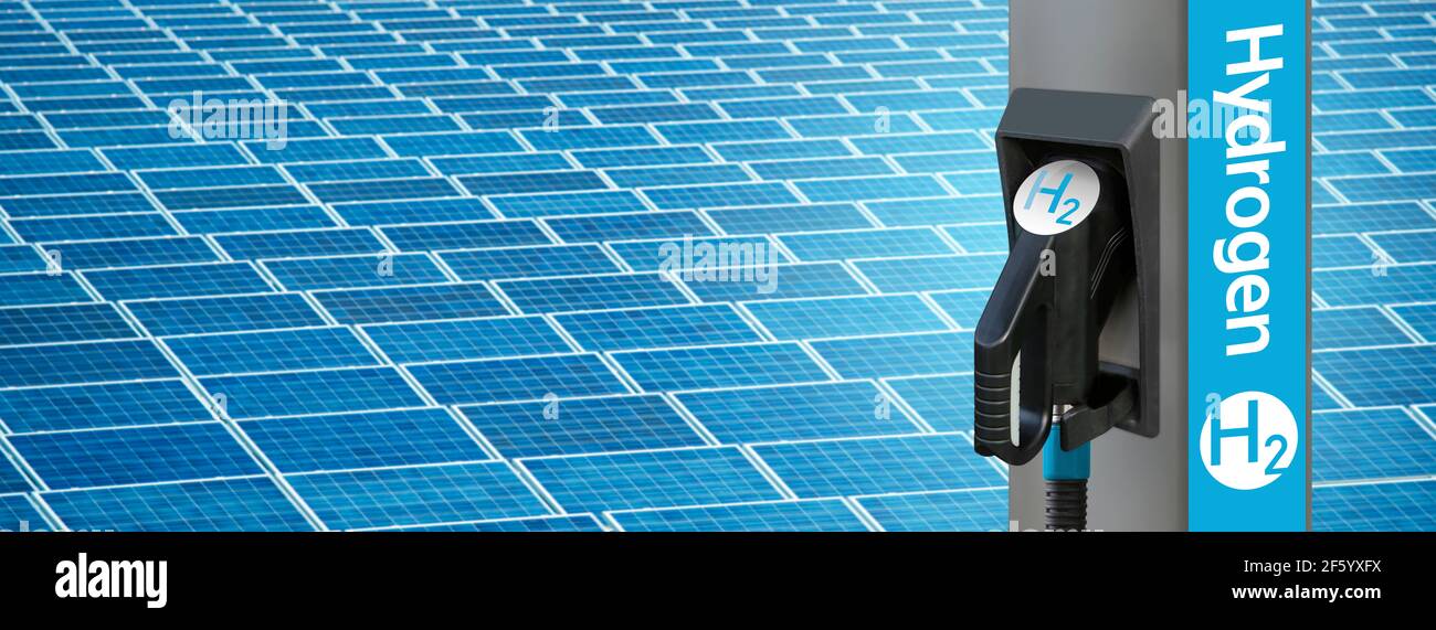 Hydrogen gas station with solar panels and wind turbines in the ...