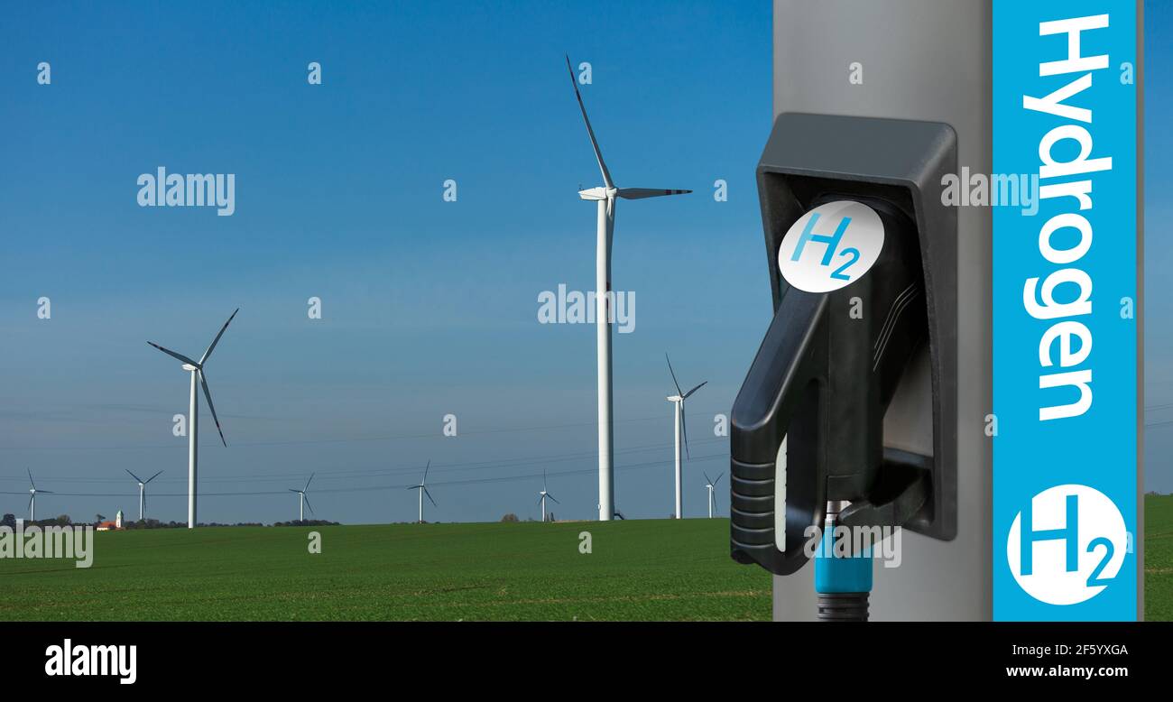 Hydrogen gas station with solar panels and wind turbines in the ...