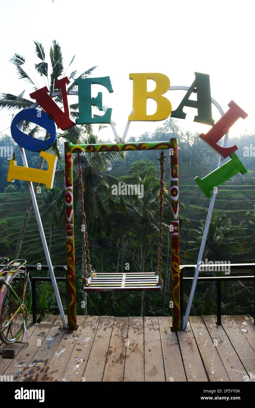 Love Bali sign at the Tegallang Rice Terraces in Bali, Indonesia Stock ...