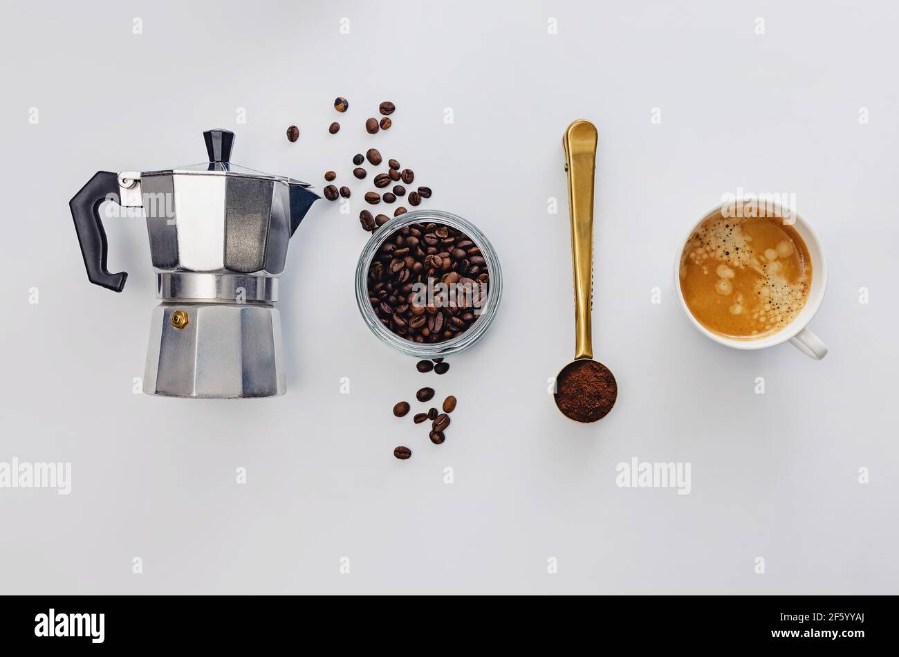 Ingredients for brewing coffee, overhead view on white background Stock ...