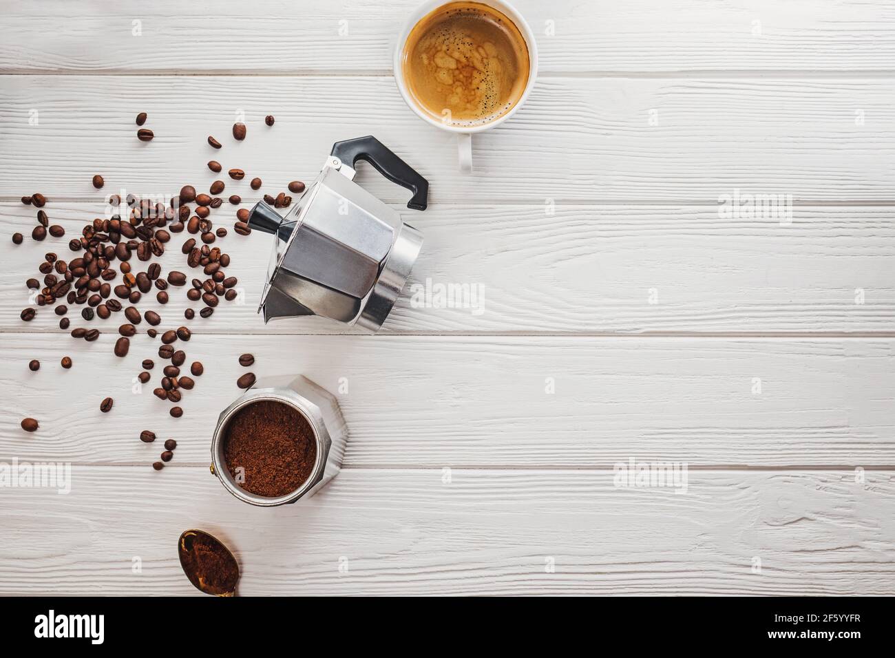 Ingredients for brewing coffee, overhead view on white background Stock ...