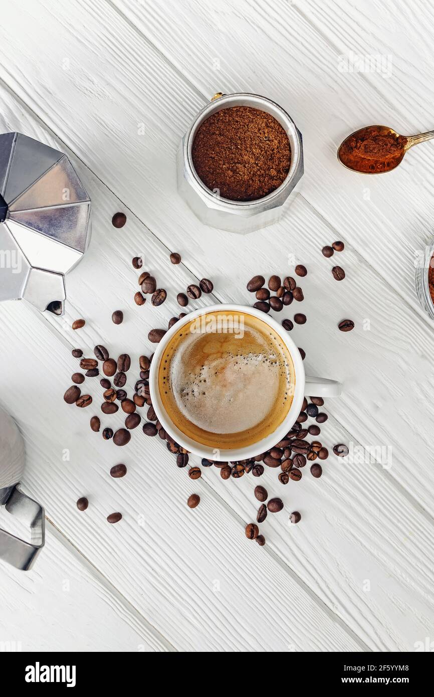 Ingredients for brewing coffee, overhead view on white background Stock ...