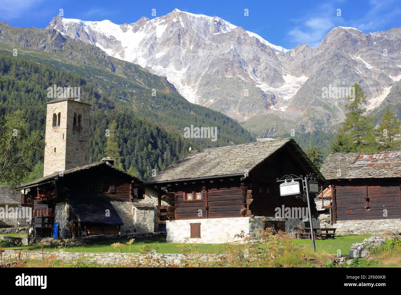 View of the historic center of Macugnaga, Italy, with typical wooden ...