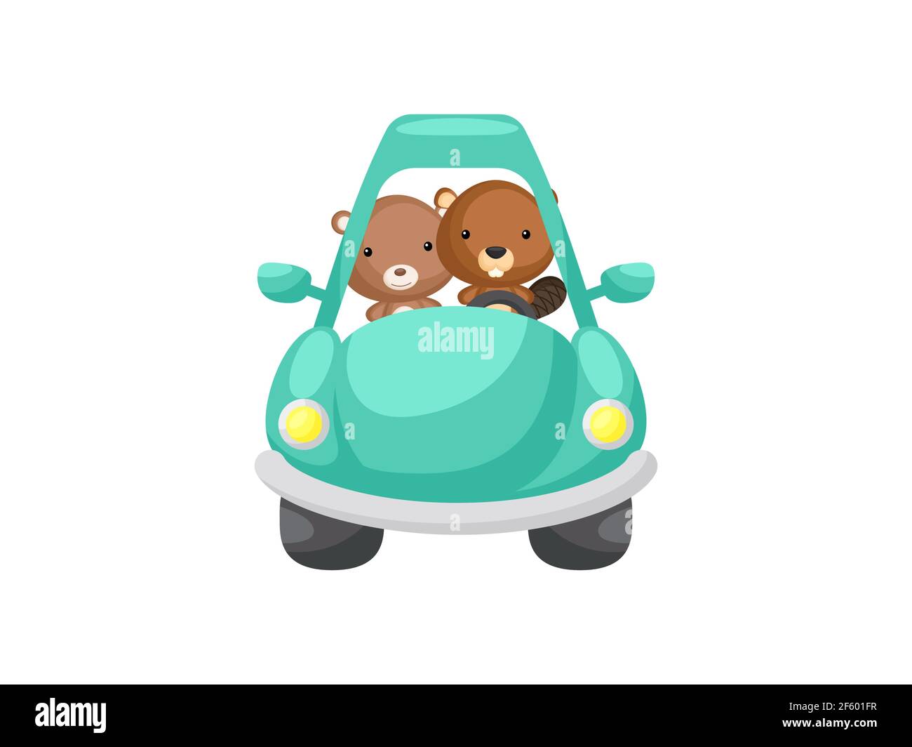 Cute little bear and beaver driving emerald car. Cartoon character for ...