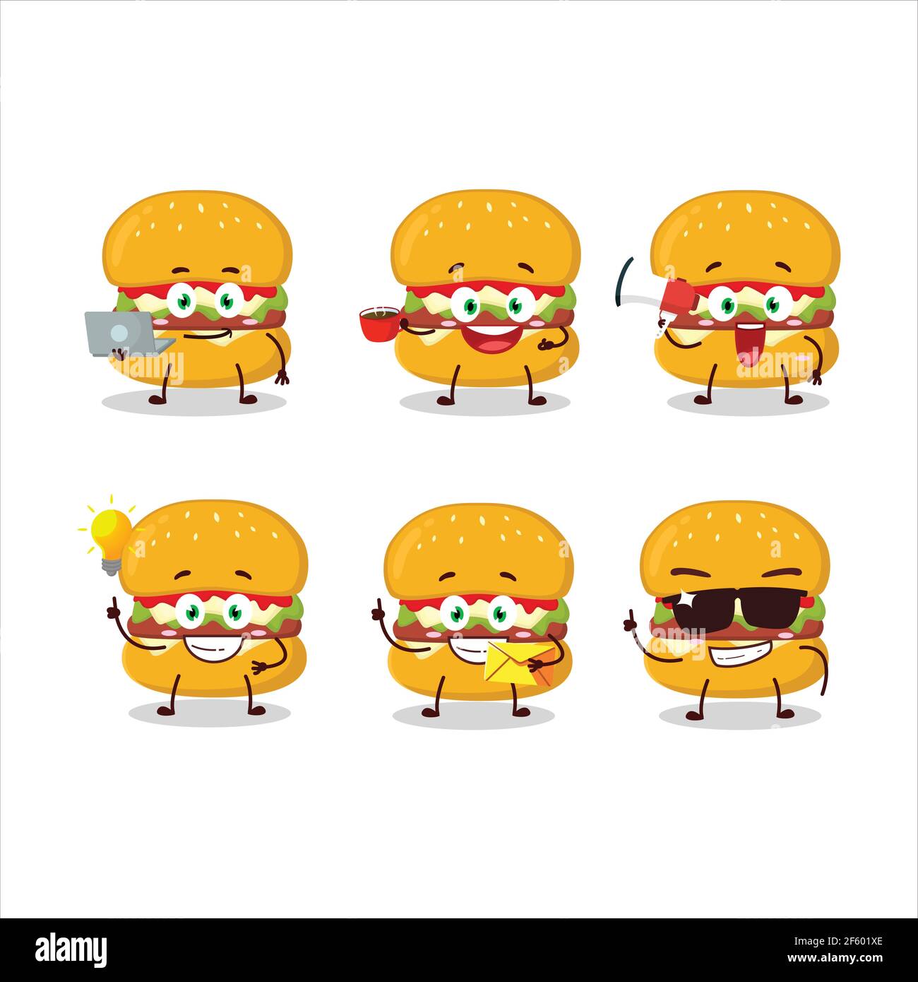 Cheeseburger cartoon character with various types of business emoticons ...