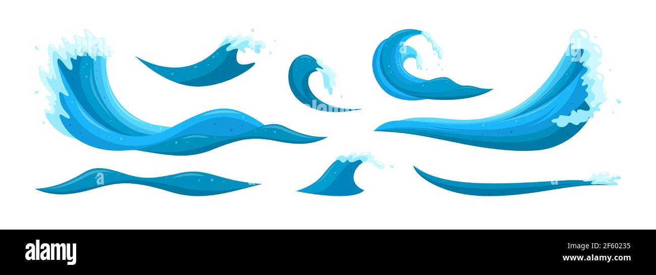 Flooding waves and tides elements. Set of waves causing destruction and ...