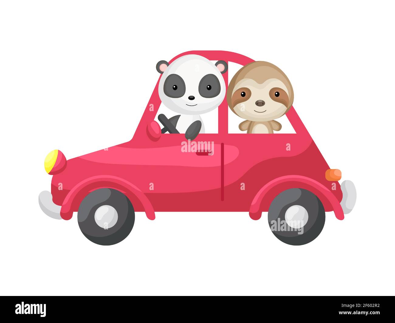 Cute little sloth and panda driving red car. Cartoon character for ...