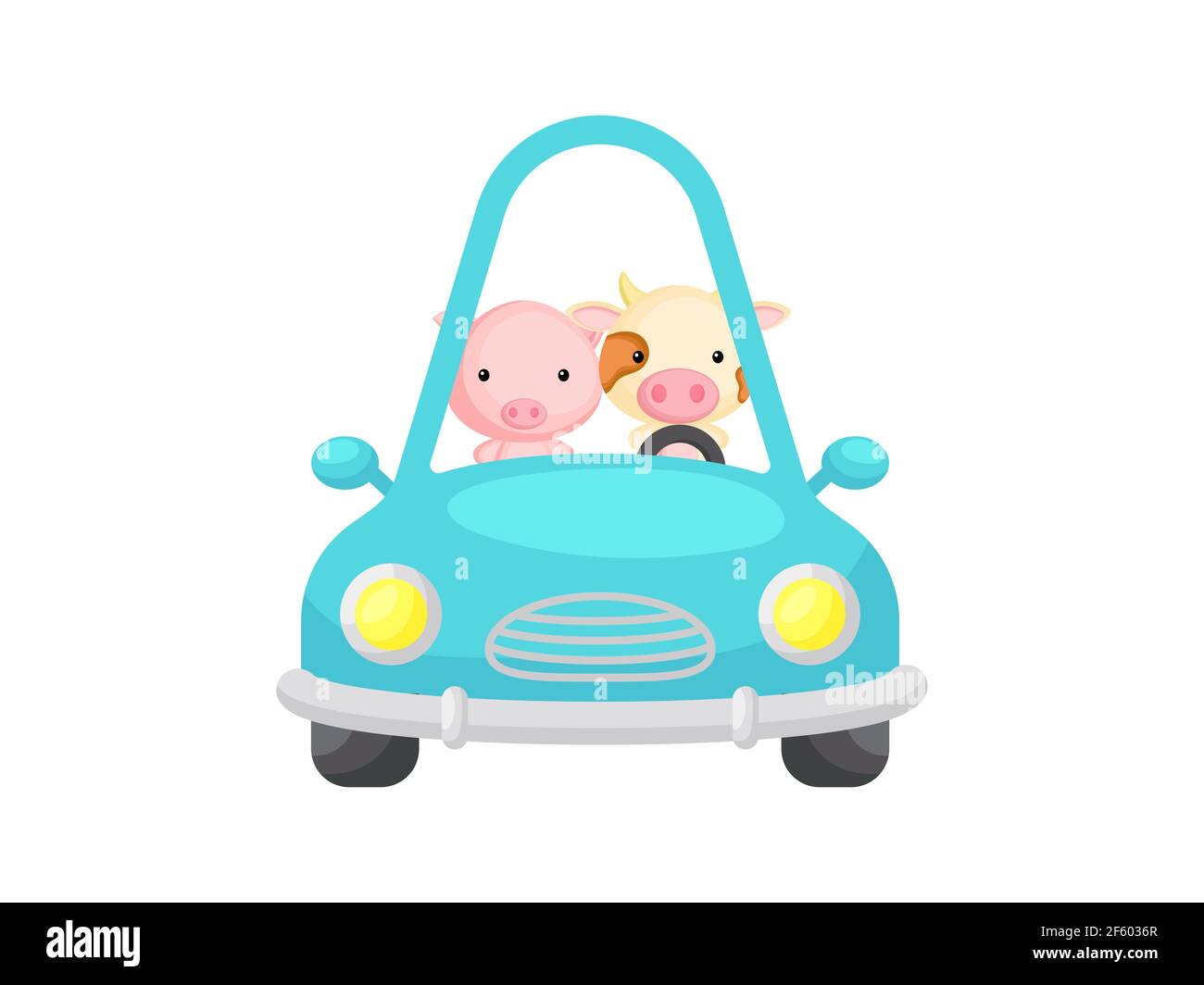 Cute little pig and cow driving turquoise car. Cartoon character for ...