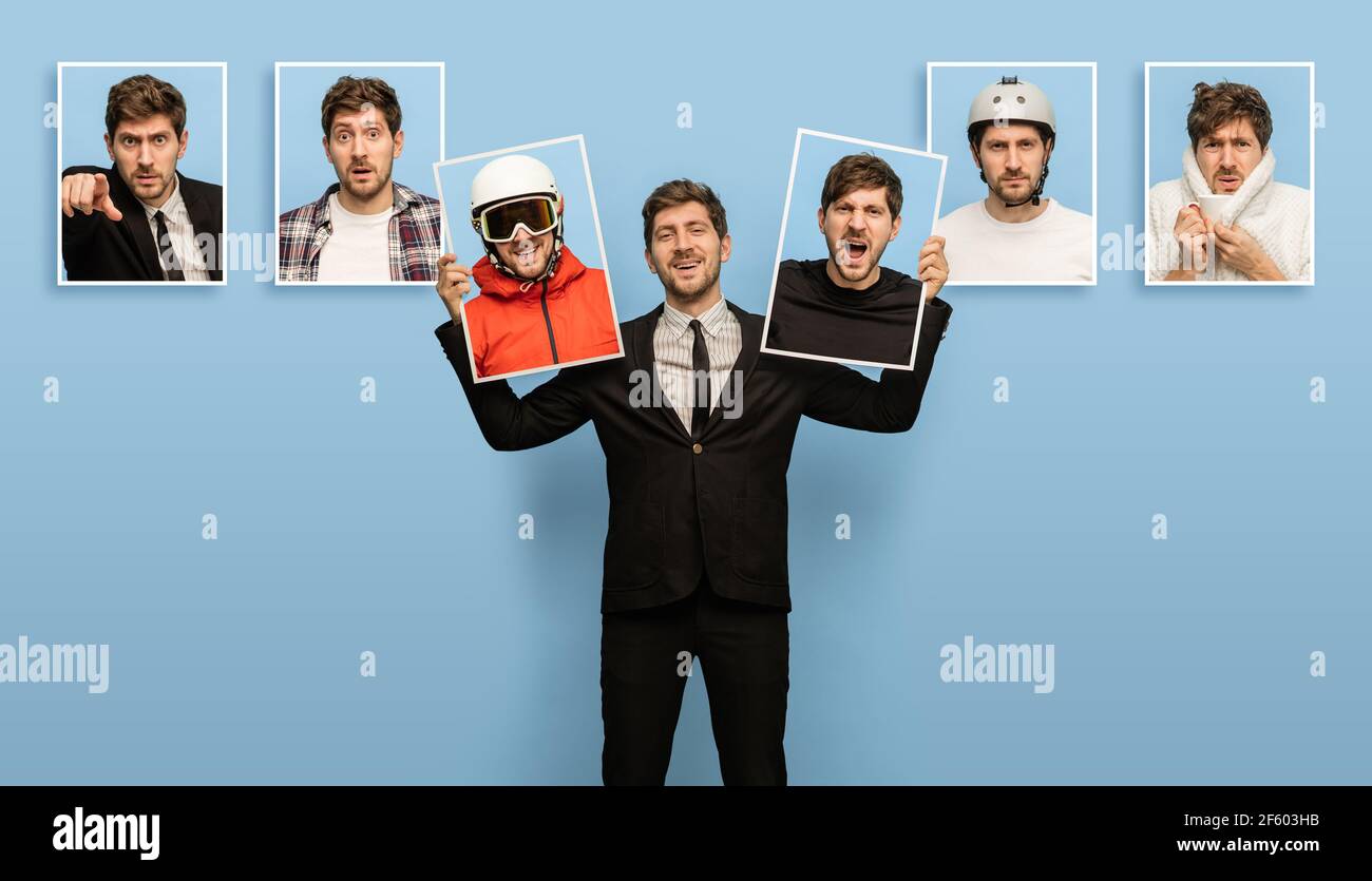 Young man showing portraits with different emotions isolated on pink ...