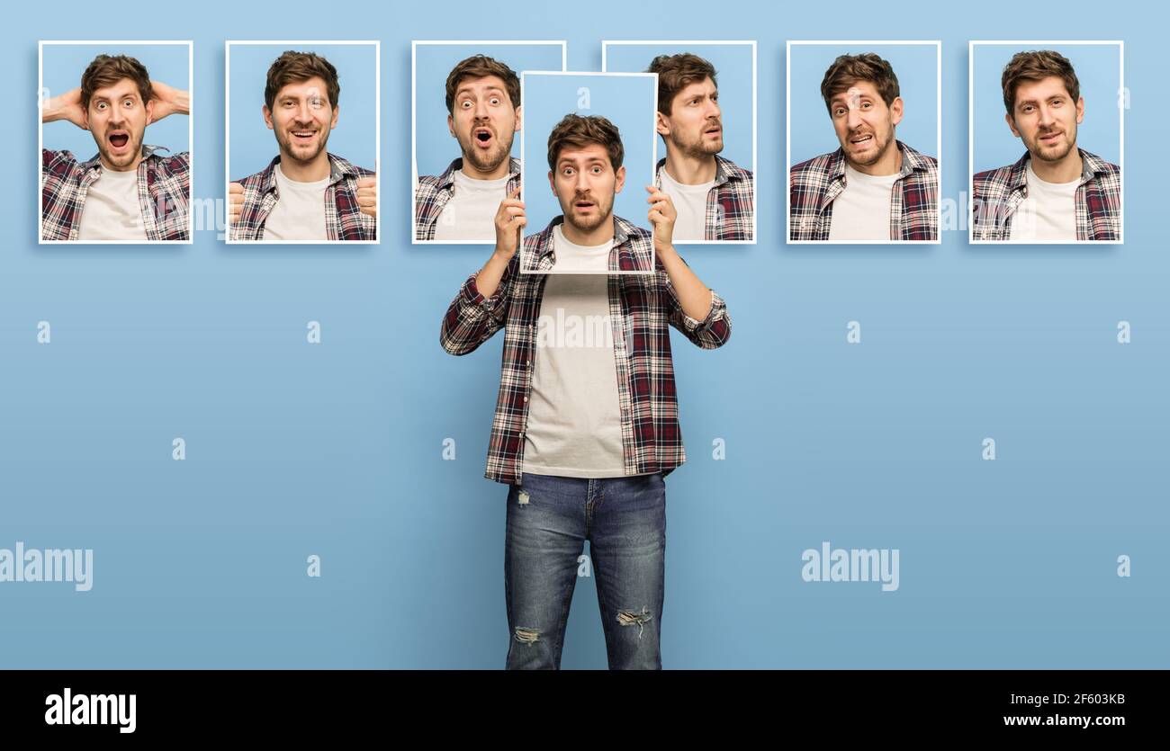 Young man showing portraits with different emotions isolated on blue ...