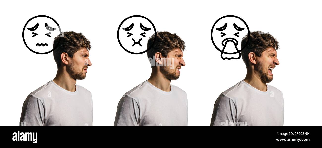 Young Caucasian man showing change in emotions. Side view Stock Photo ...