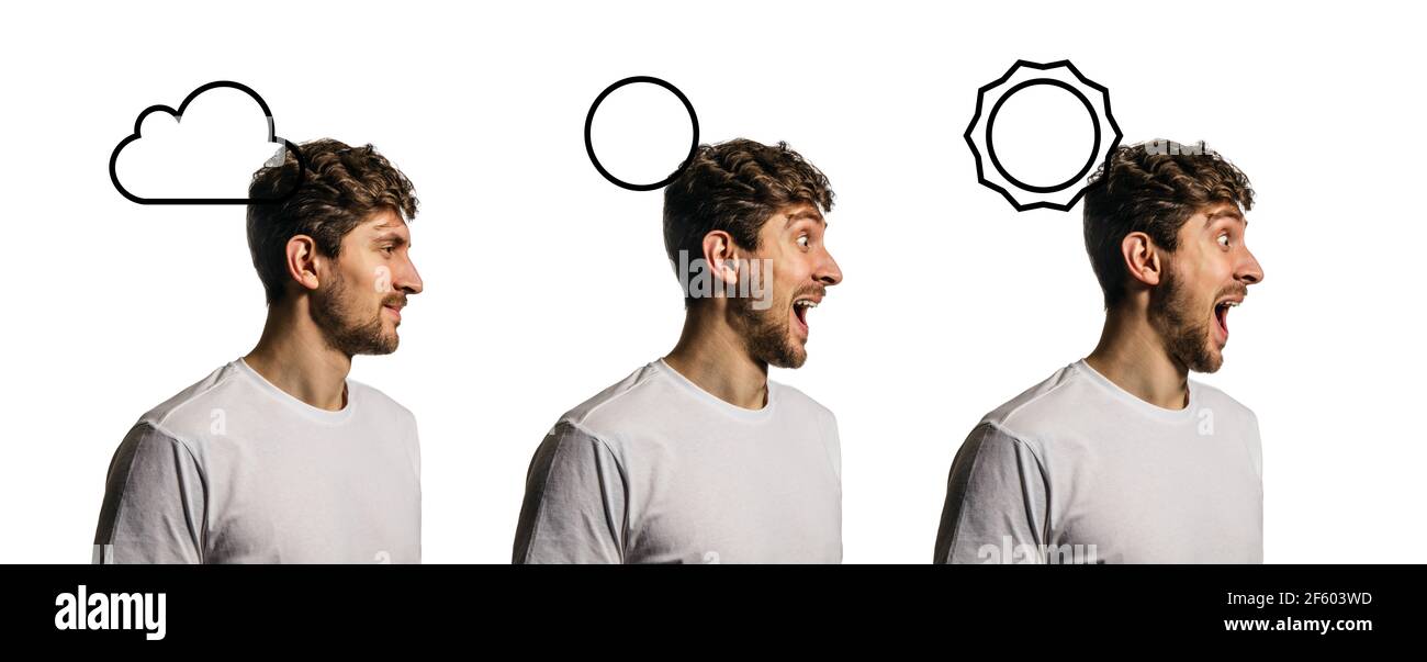 Thoughtful, finding solution man with question gear mechanism. Collage ...