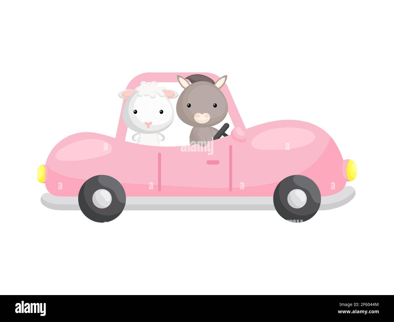Cute little sheep and donkey driving pink car. Cartoon character for ...