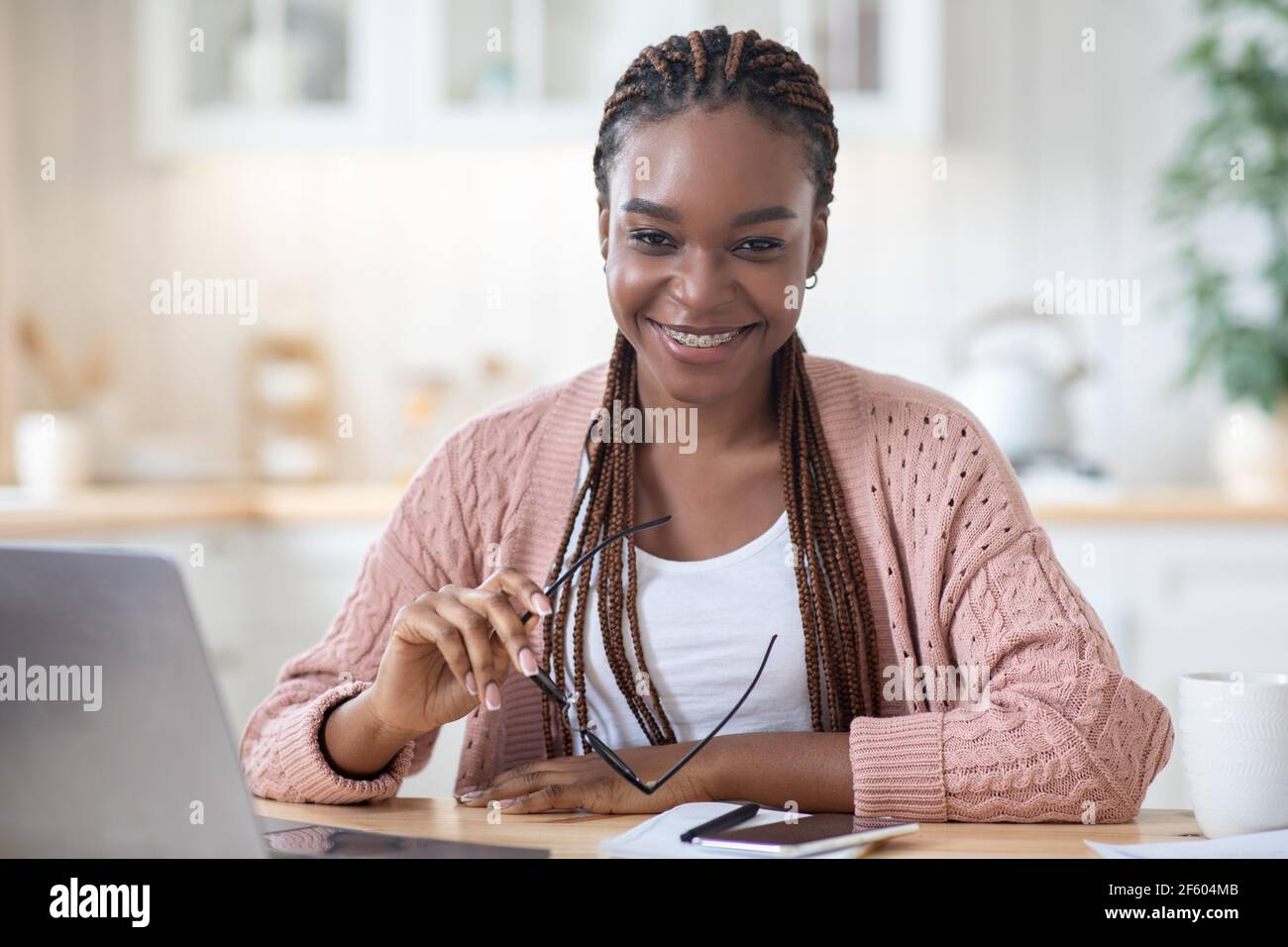 Successful Freelancer. Happy Black Lady Sitting At Desk With Computer ...