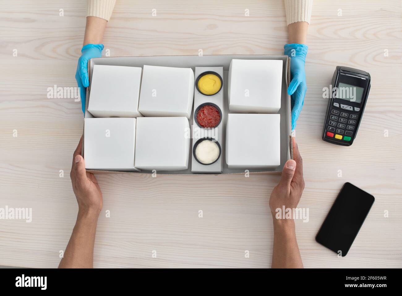 Work during covid-19, lunch and fast food delivery Stock Photo - Alamy