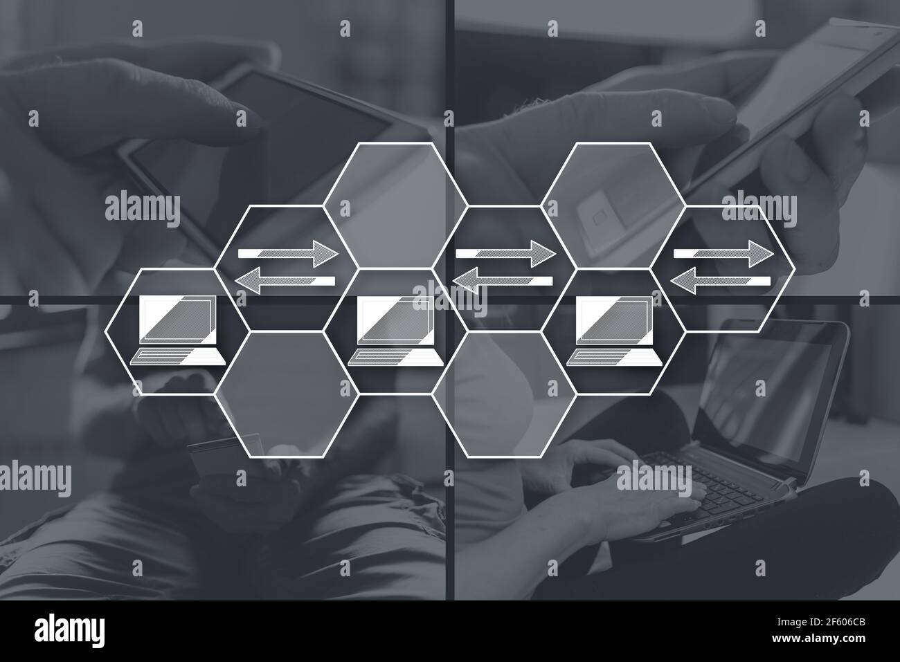 Data transfer concept illustrated by pictures on background Stock Photo ...