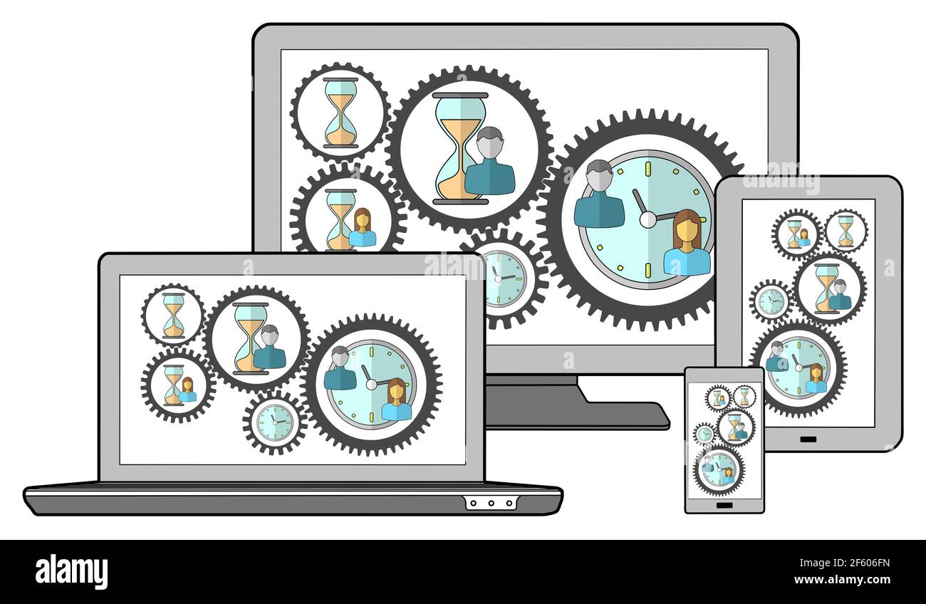 Time management concept on different devices, isolated on white Stock ...