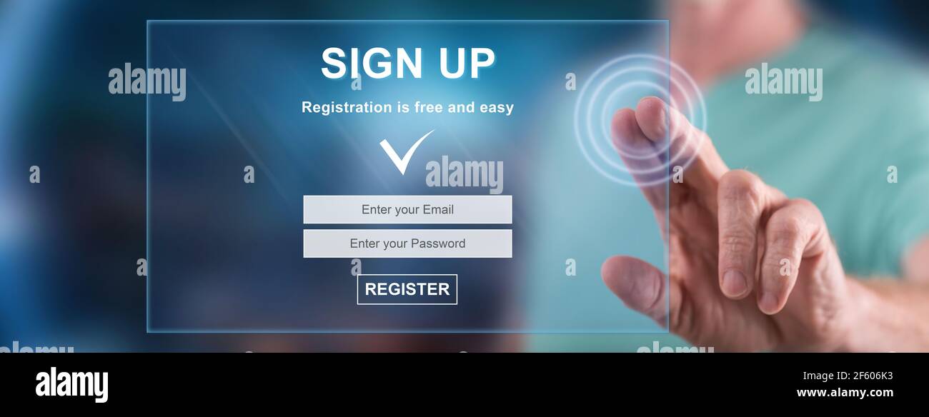 Man touching a signup concept on a touch screen with his finger Stock ...