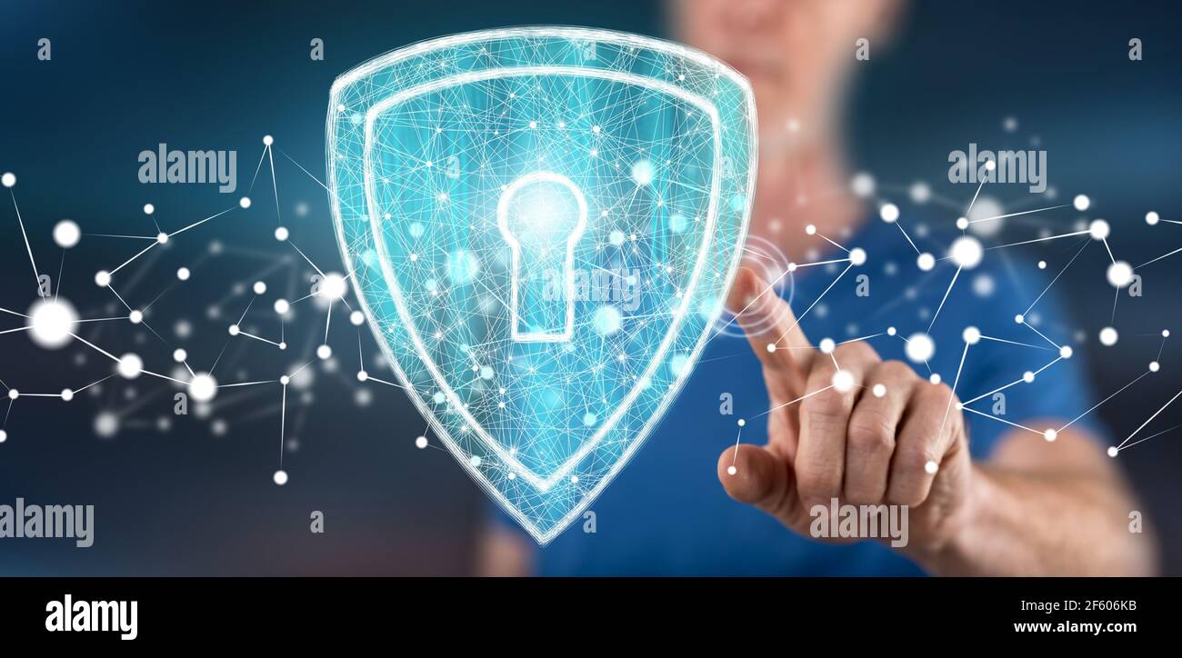 Man touching a digital security concept on a touch screen with his ...